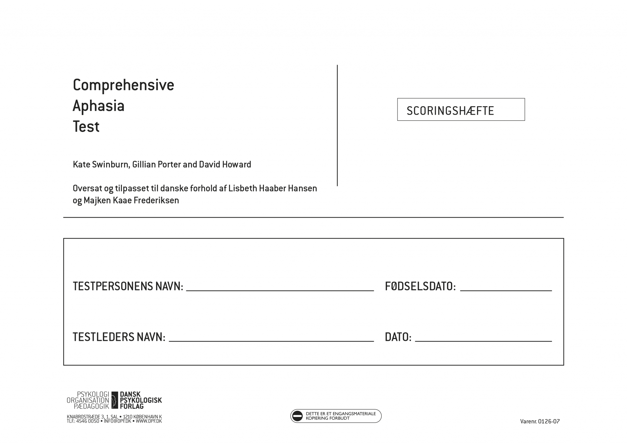 CAT - Comprehensive Aphasia Test - Dansk Psykologisk Forlag